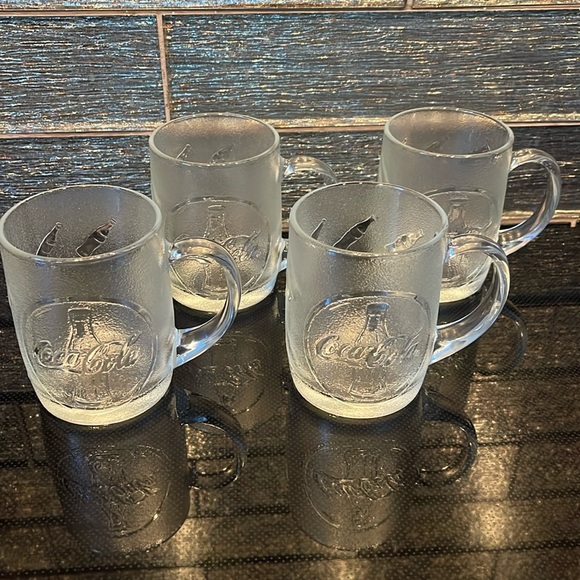 Coca Cola | Dining | 4 Set Cocacola Mugs Coffee Cups Clear Frosted Logo ...
